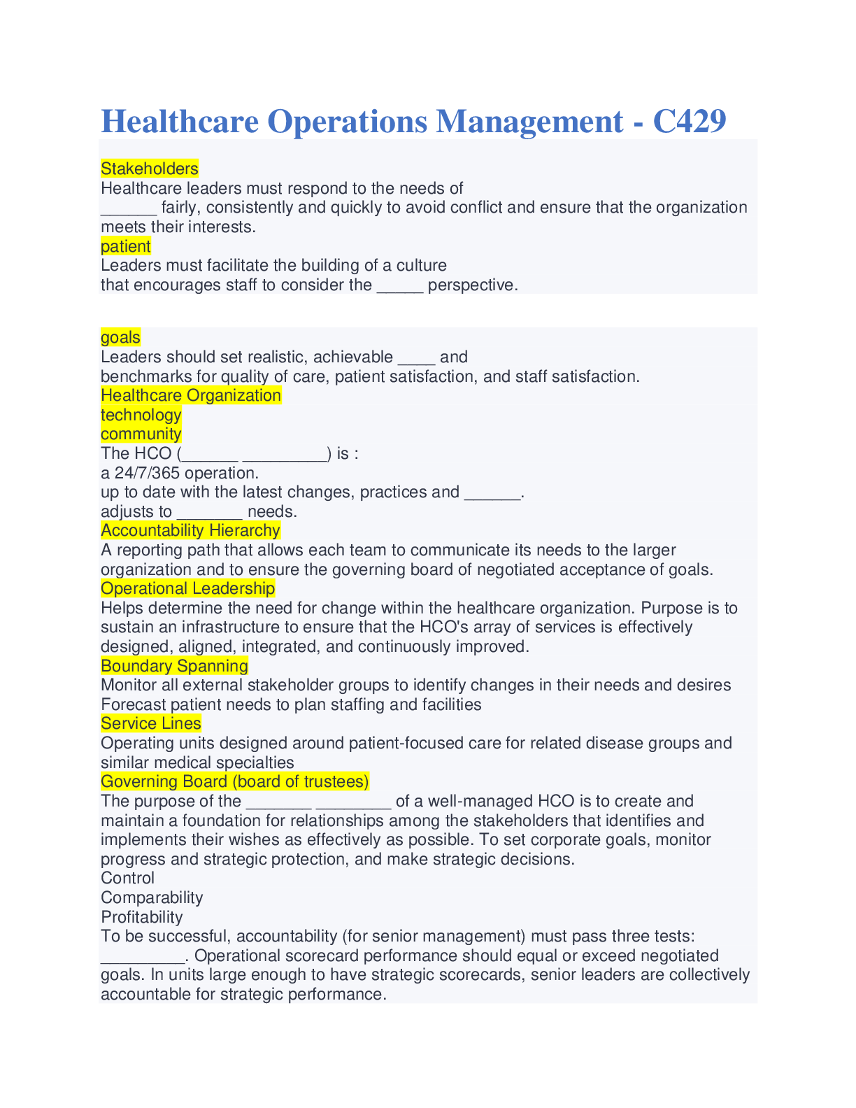 Healthcare Operations Management - WGU C429 Exams complete solution ...