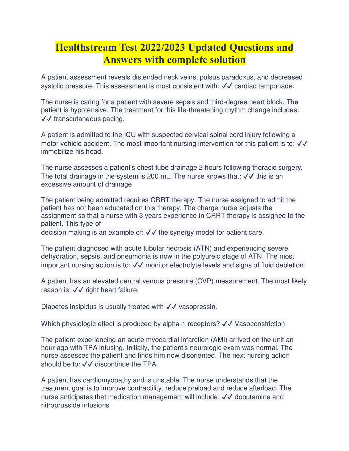 Healthstream Test 2022/2023 Updated Questions and Answers with complete ...