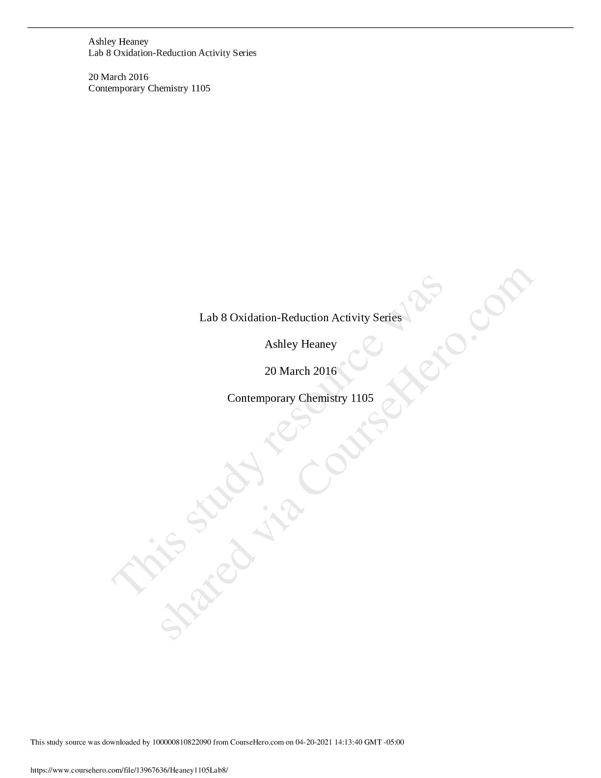 University of Texas - CHEMISTRY 1105Heaney 1105 Lab 8. Lab 8 Oxidation ...
