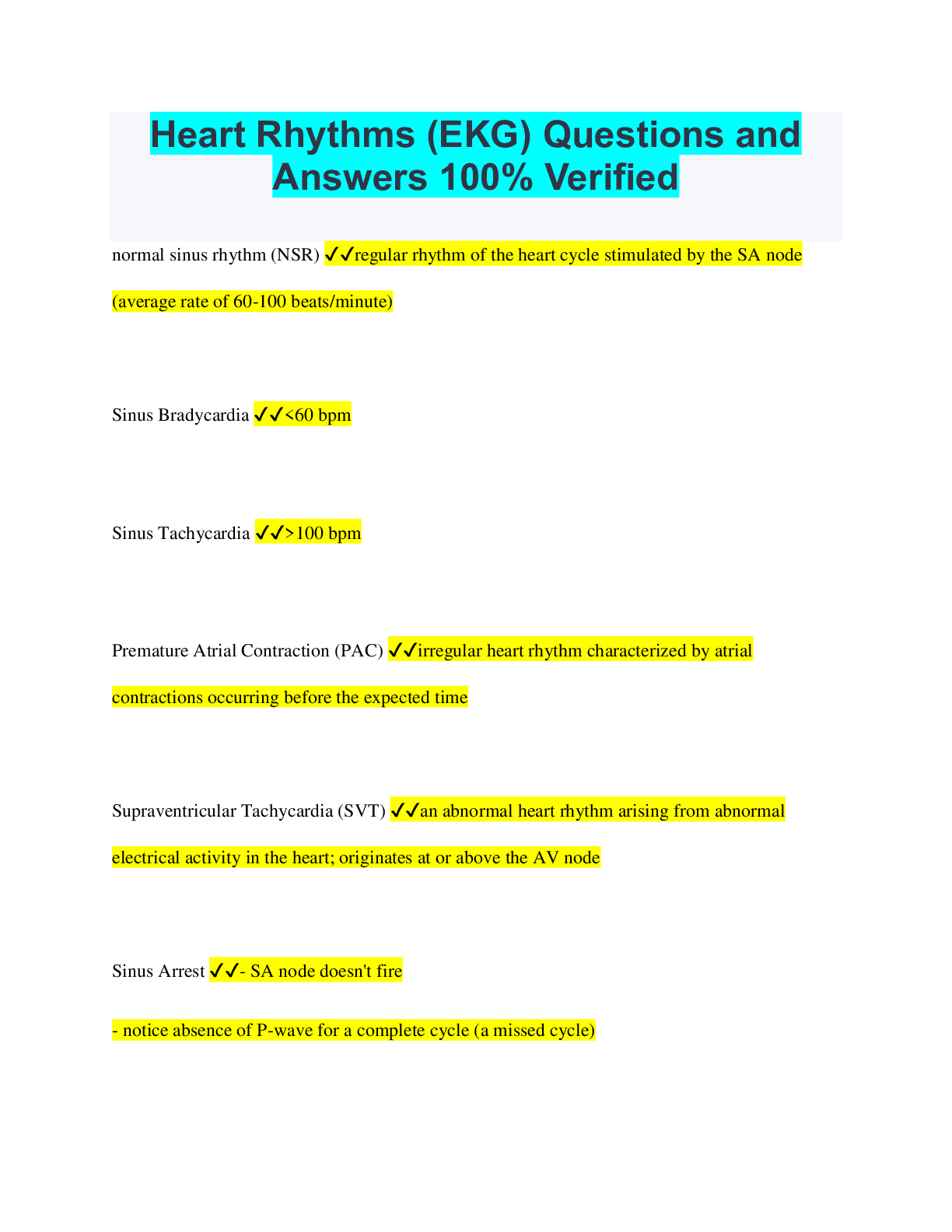 Heart Rhythms (EKG) Questions and Answers 100% Verified - Scholarfriends