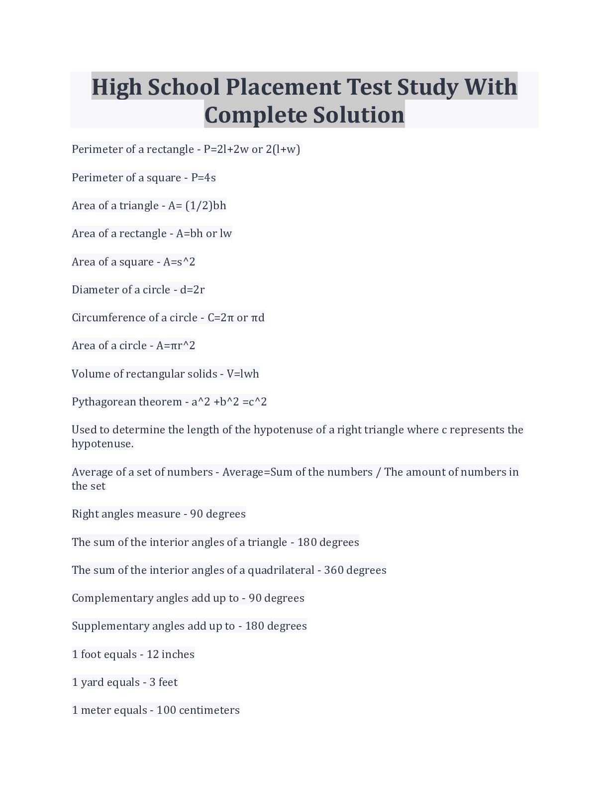 High School Placement Test Study With Complete Solution - Scholarfriends