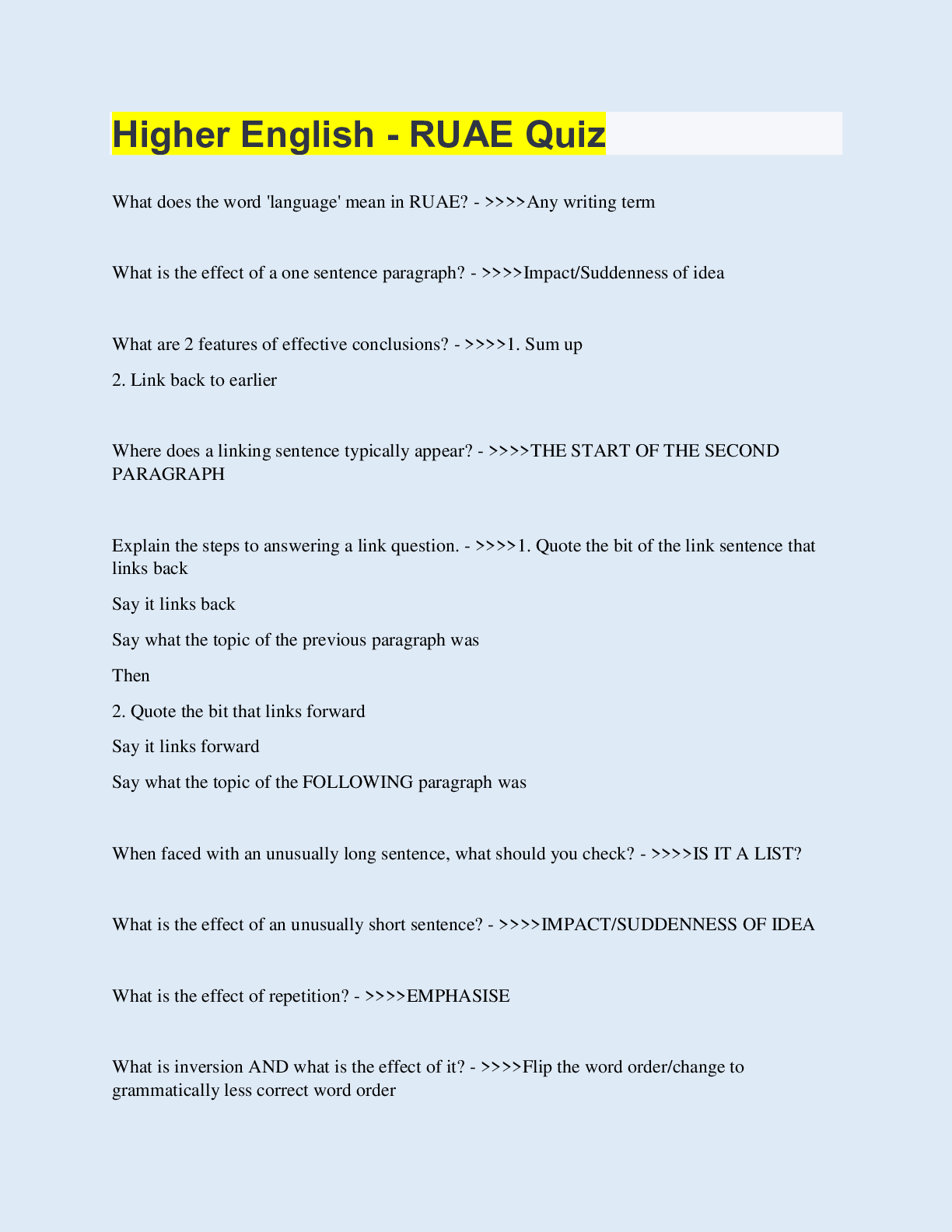 Higher English - RUAE Quiz | 50 Questions with 100% Correct Answers ...