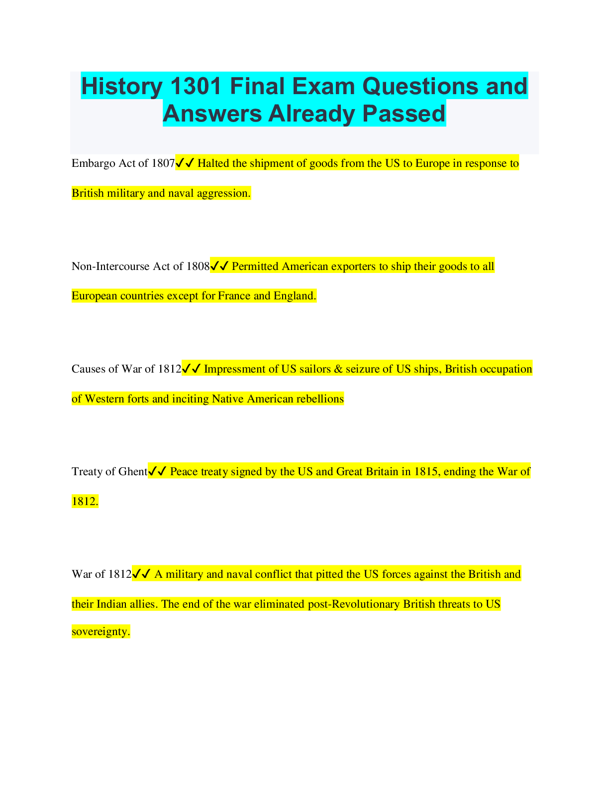 History 1301 Final Exam Questions and Answers Already Passed ...