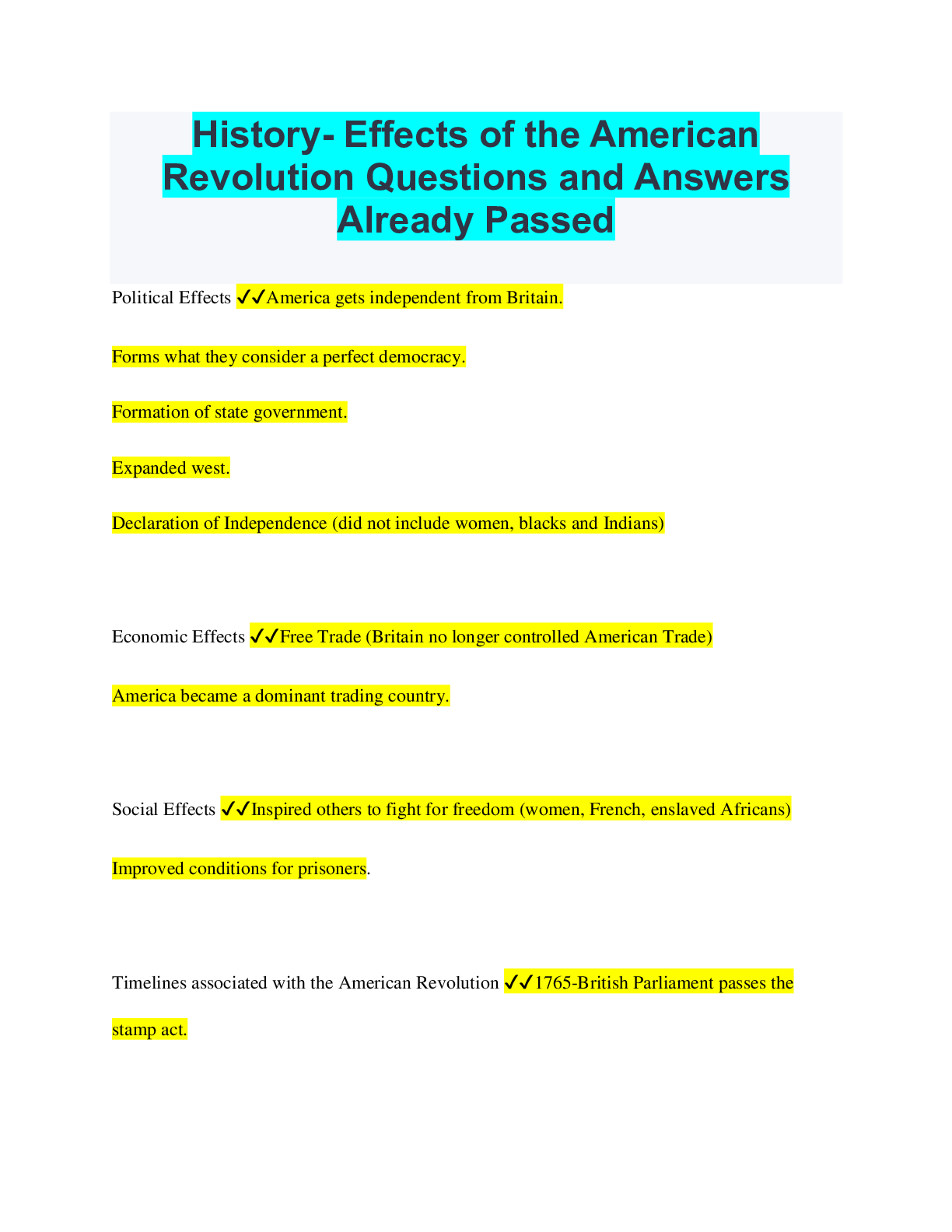 History- Effects of the American Revolution Questions and Answers ...