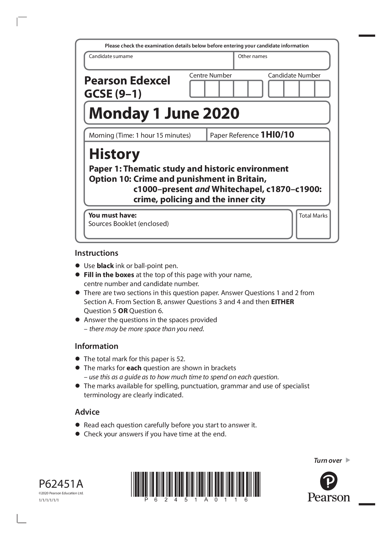 Pearson Edexcel_GCSE (9–1) History_1HI0/10 Question Paper 2020 | Paper ...