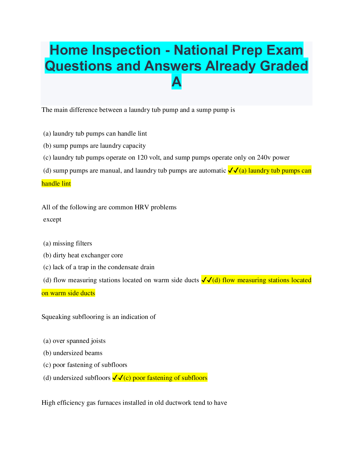 Home Inspection - National Prep Exam Questions And Answers Multiple ...