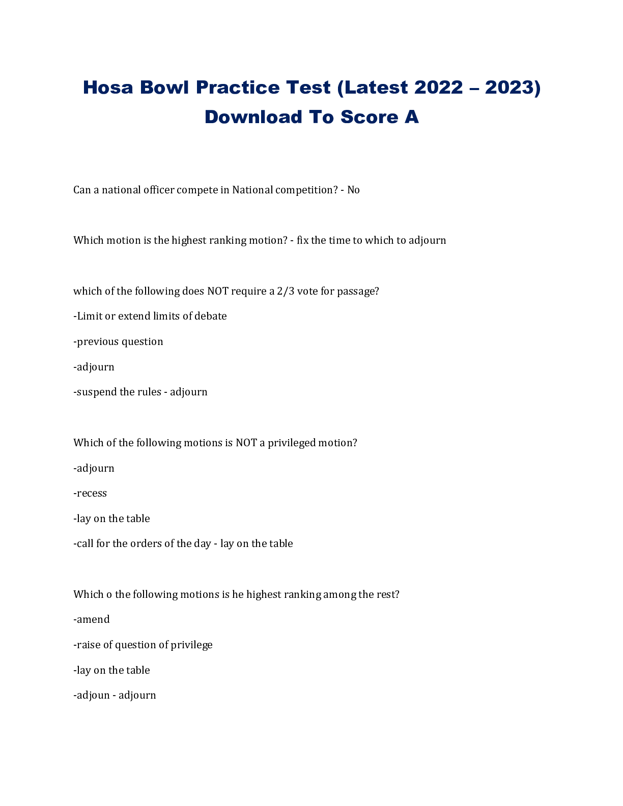 Hosa Bowl Practice Test (Latest 2022 – 2023) Download To Score A ...
