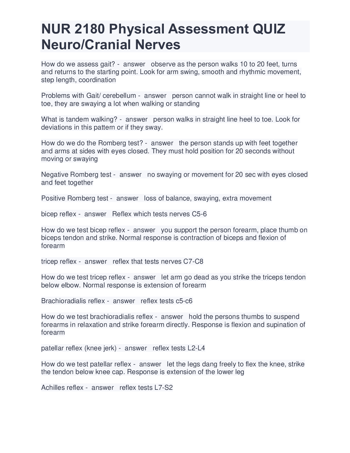 NUR 2180 Physical Assessment QUIZ Neuro/Cranial Nerves ...