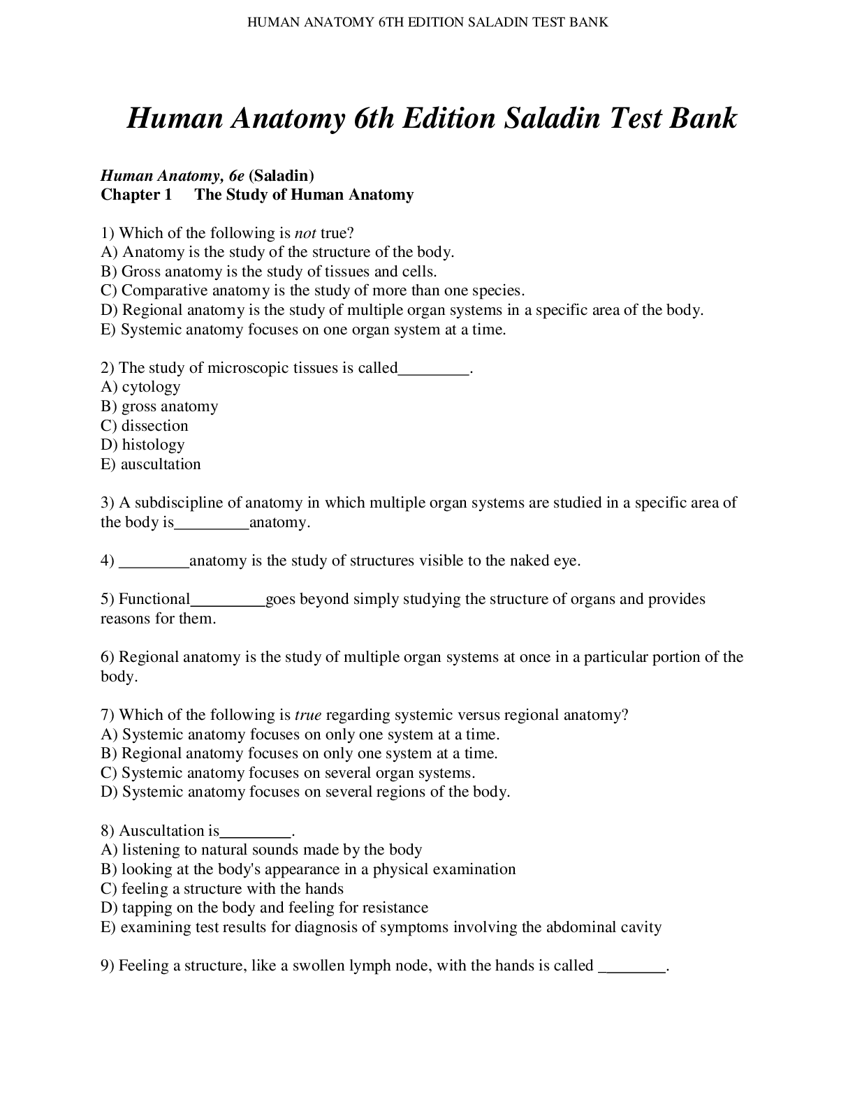 TEST BANK for Human Anatomy 6th Edition by Kenneth Saladin ...