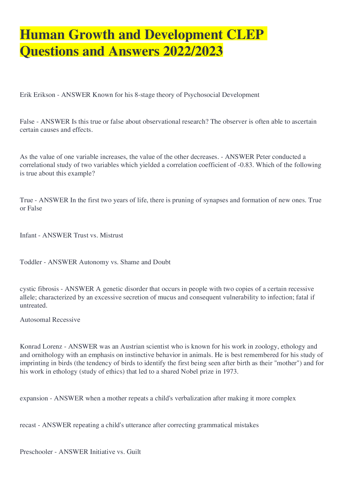 Human Growth and Development CLEP Questions and Answers 2022/2023 ...
