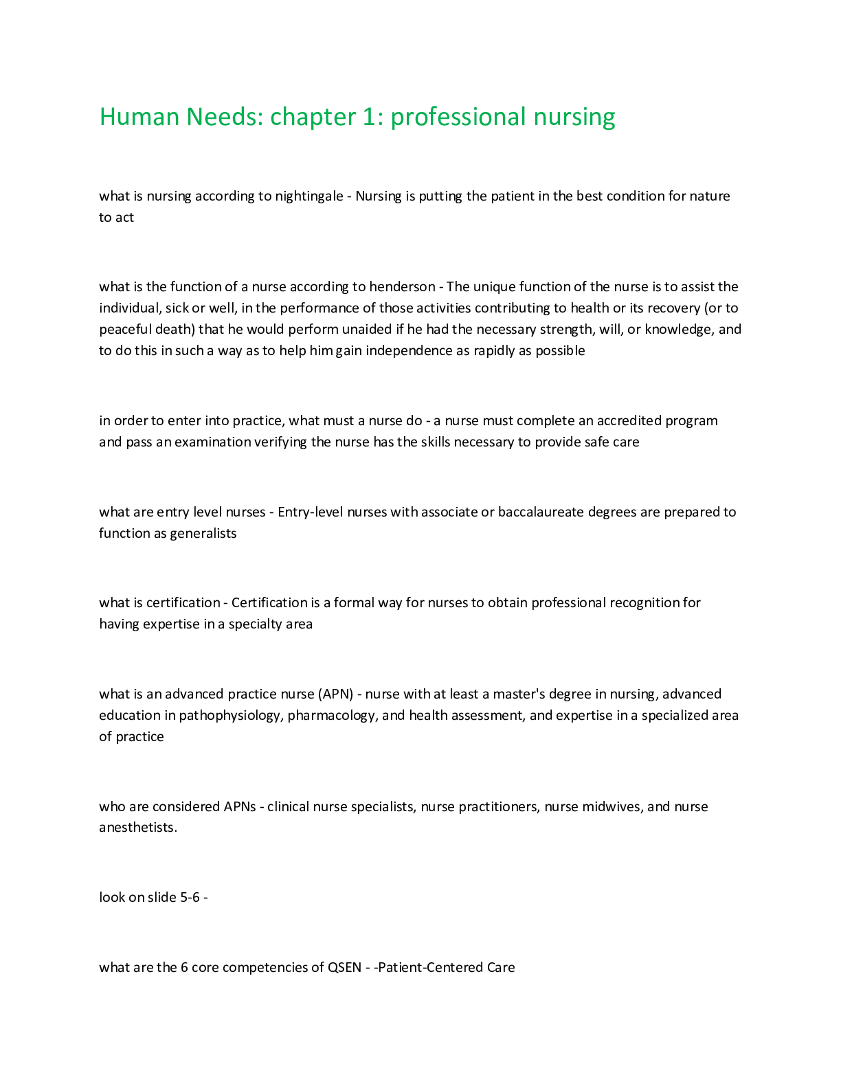 Human Needs chapter 1 professional nursing - Scholarfriends