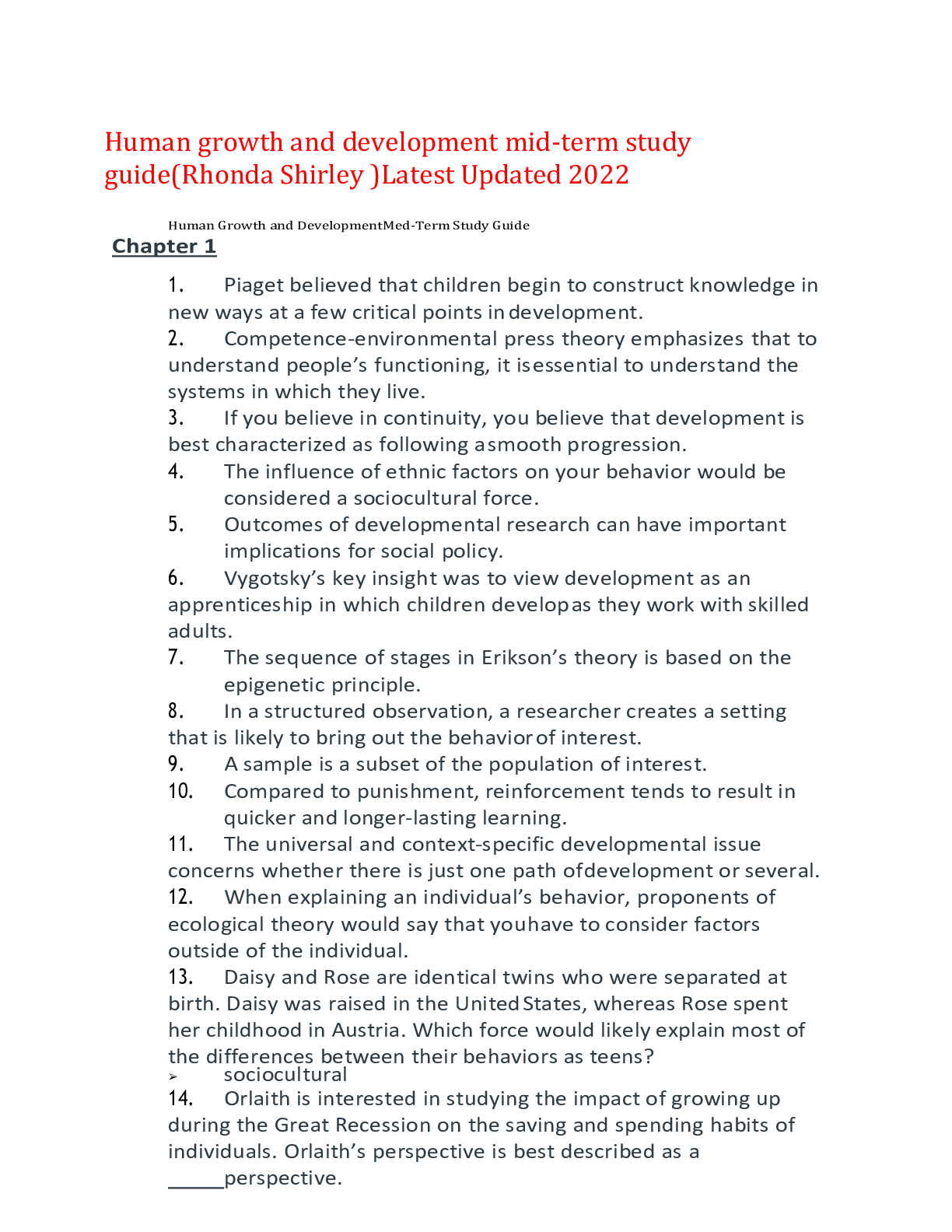 Human growth and development mid-term study guide(Rhonda Shirley ...