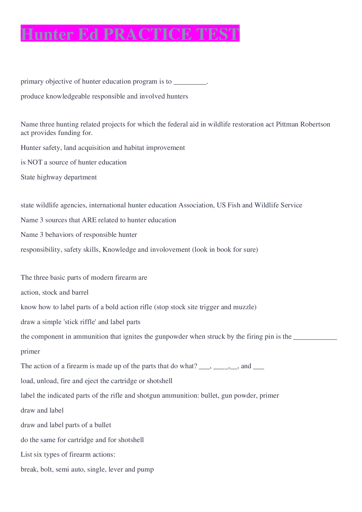 Hunter Ed PRACTICE TESTHunters Ed Questions And Answers 2022/2023 ...