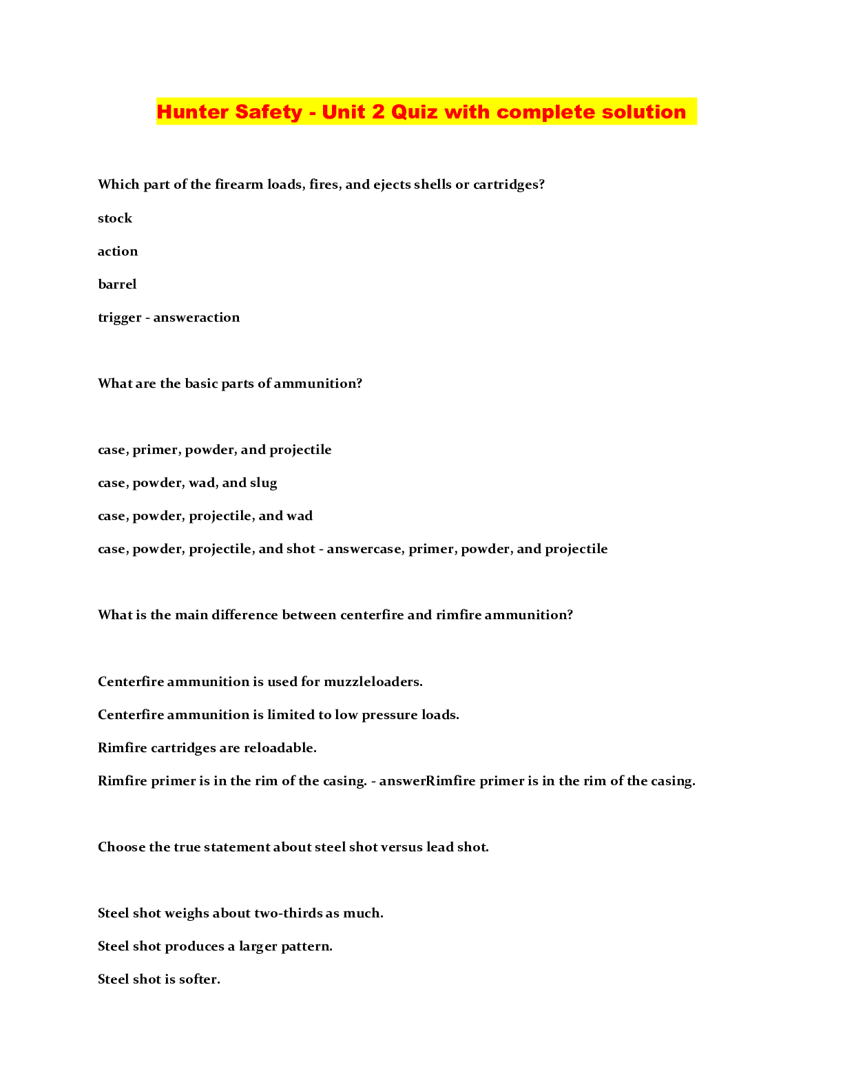 Hunter Safety - Unit 2 Quiz with complete solution – Scholarfriends ...