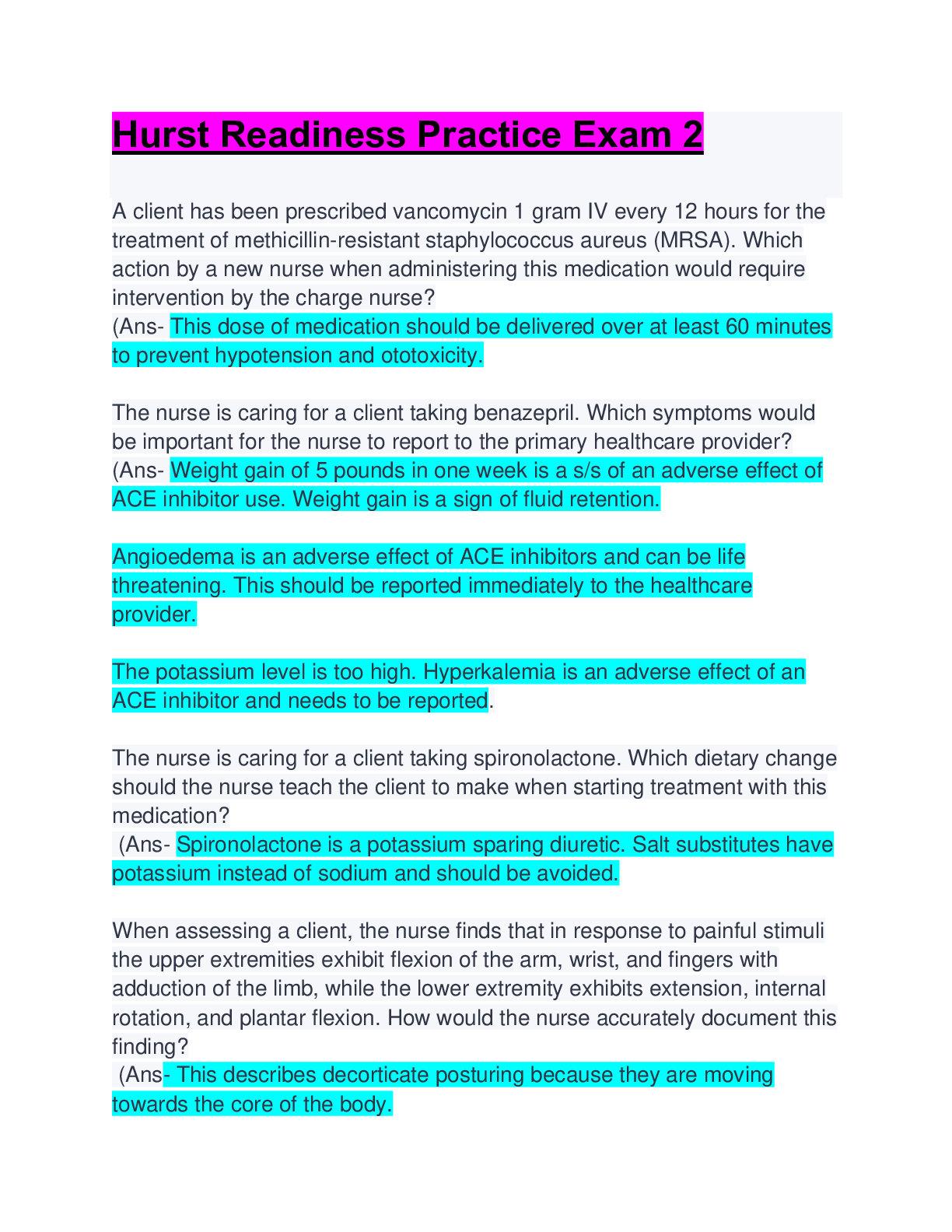 Hurst Readiness Practice Exam 2: Questions & Answers: Latest 2022:2023 ...