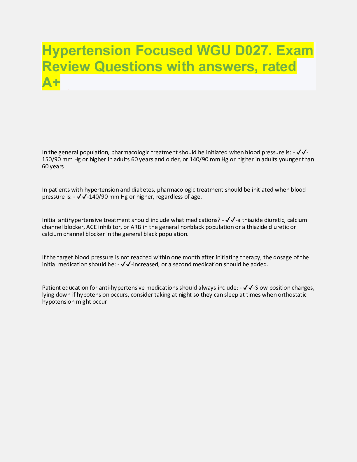 Hypertension Focused WGU D027. Exam Review Questions with answers ...