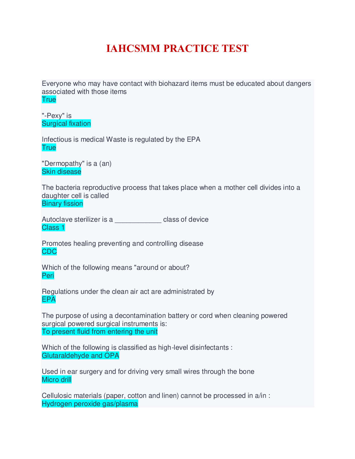 IAHCSMM PRACTICE TEST #497# Answered Questions All Correct - Scholarfriends