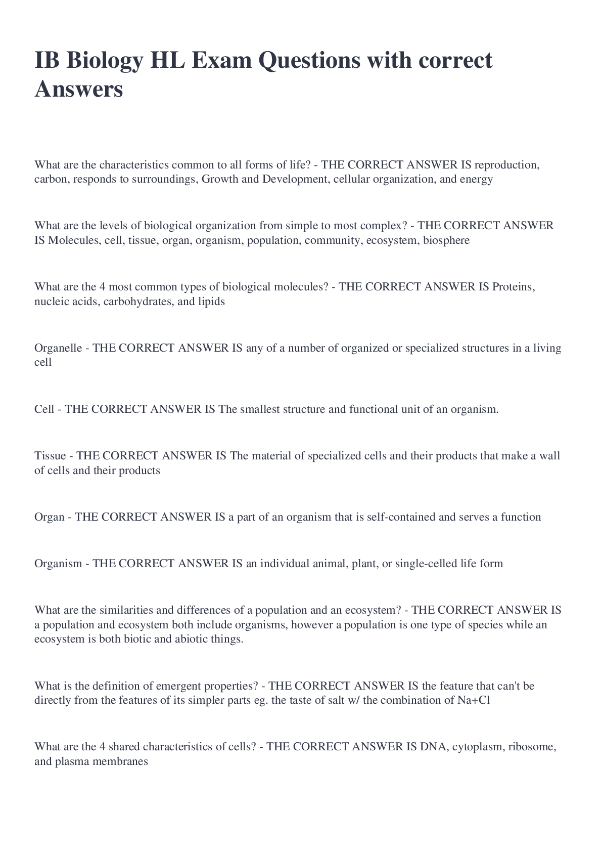 IB Biology HL Exam Questions with correct Answers - Scholarfriends