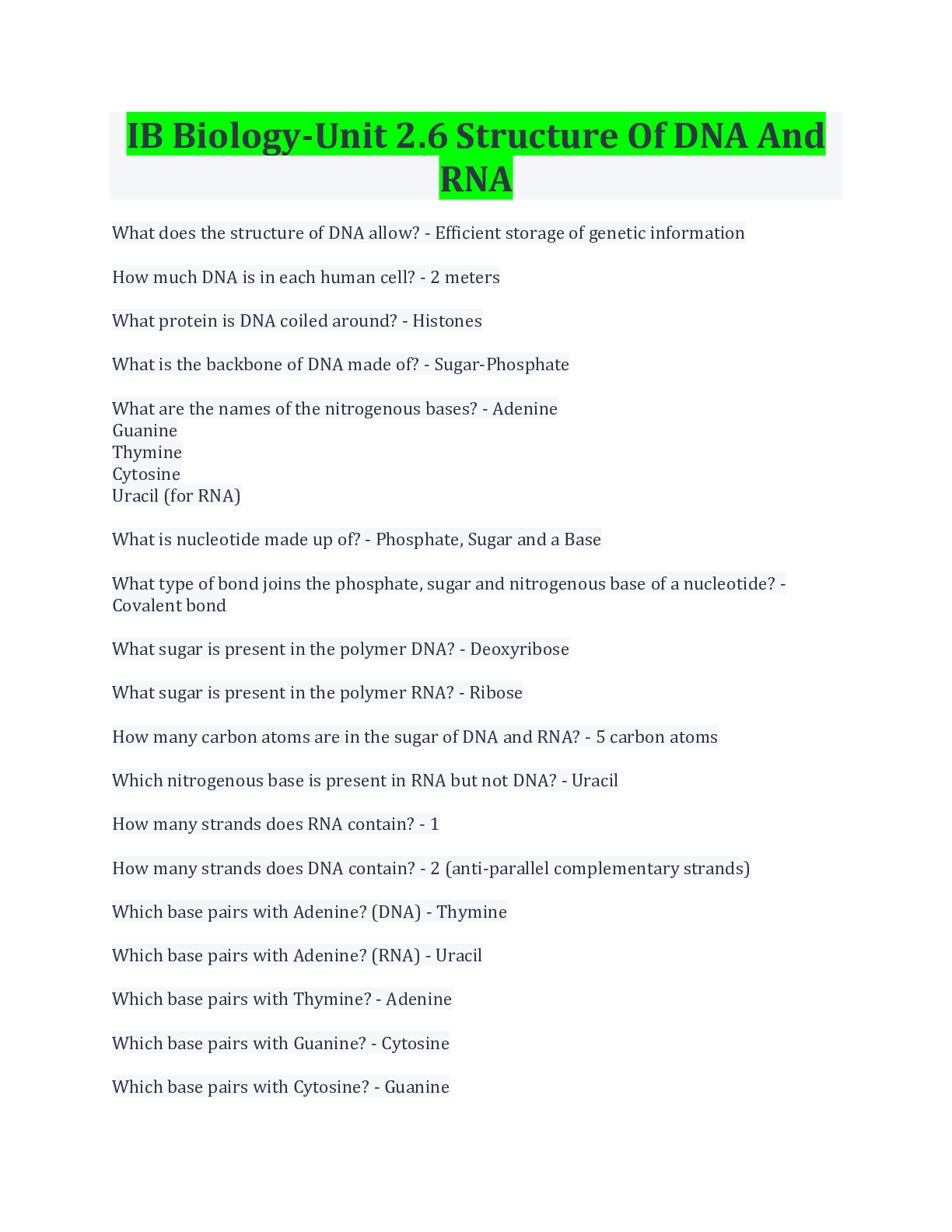 IB Biology-Unit 2.6 Structure Of DNA And RNA Questions And Answers ...