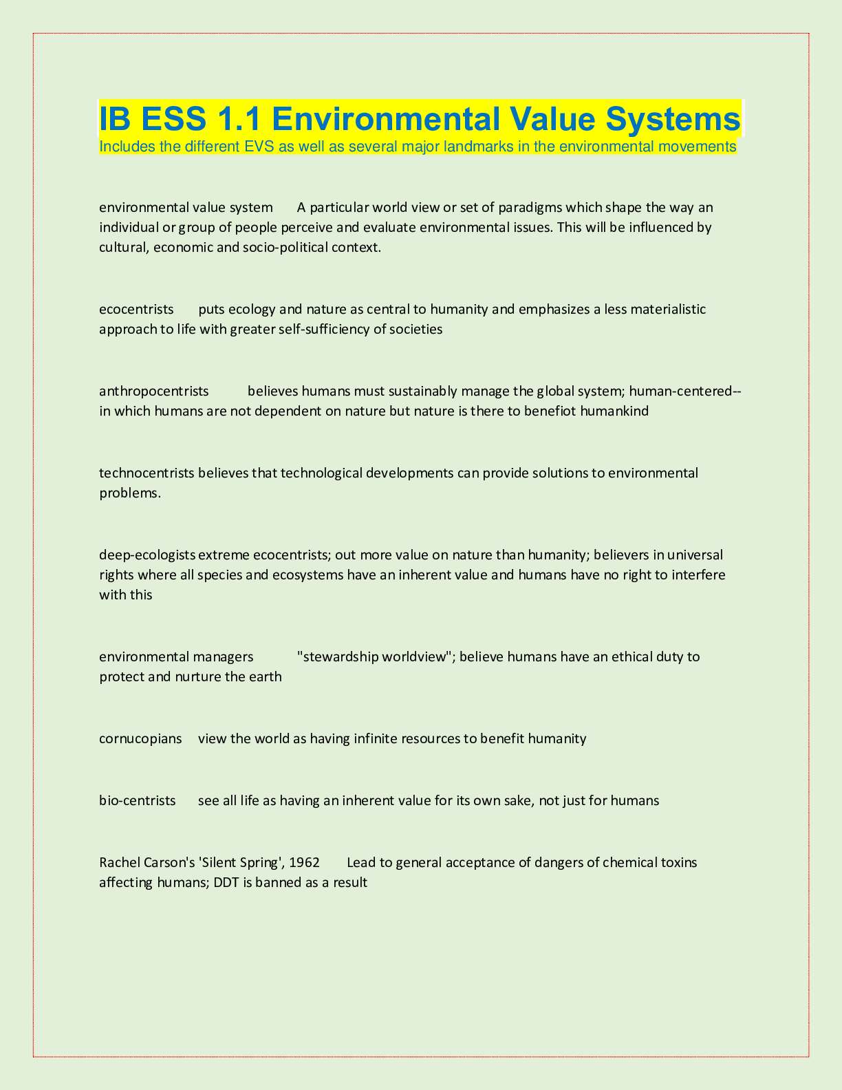 IB ESS 1.1 Environmental Value Systems Includes the different EVS as ...