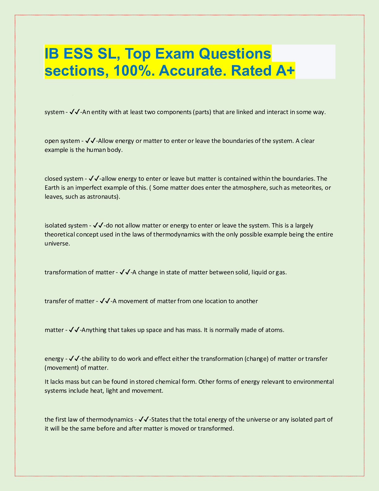 IB ESS SL, Top Exam Questions sections, 100%. Accurate. Rated A+ ...