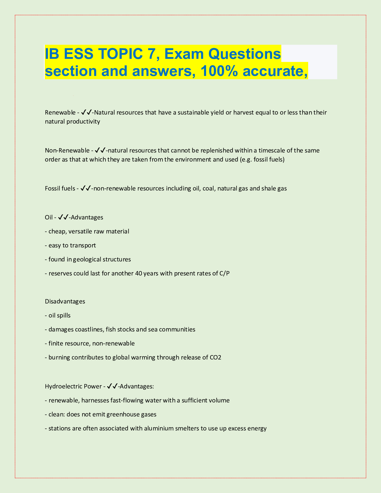 IB ESS TOPIC 7, Exam Questions section and answers, 100% accurate ...