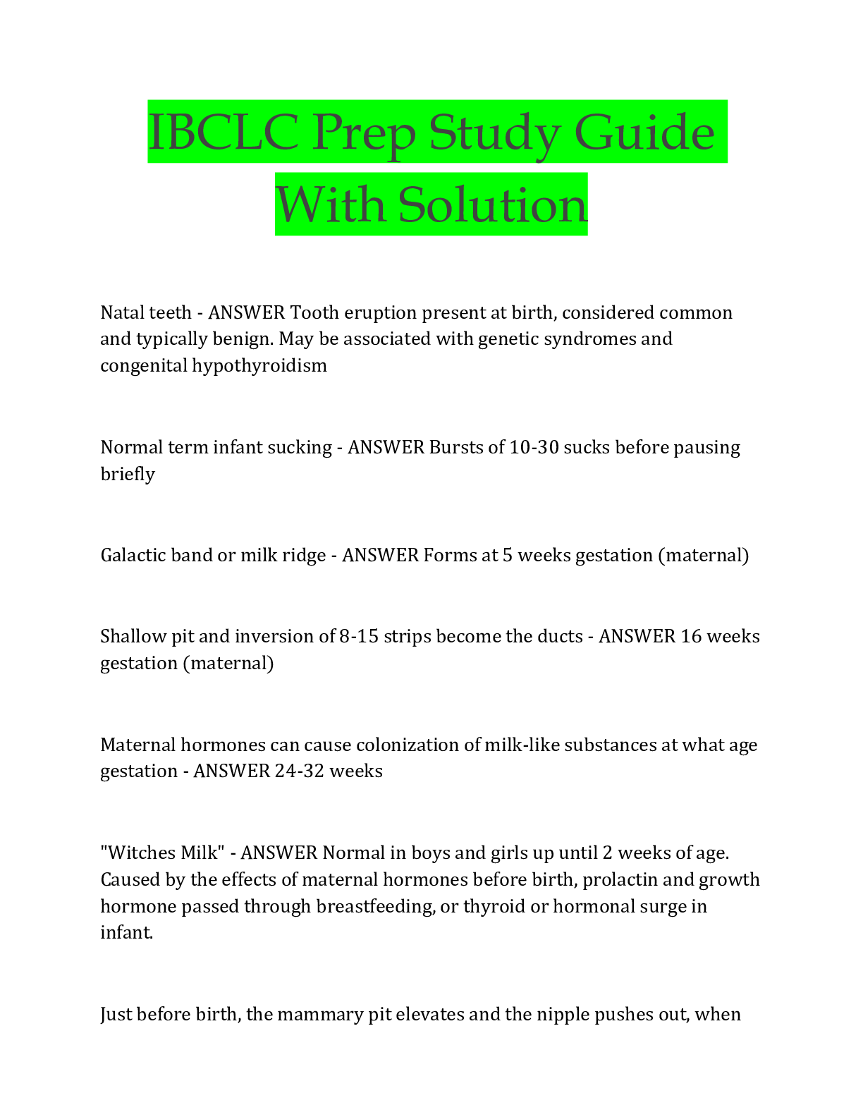 IBCLC Prep Study Guide With Solution - Scholarfriends