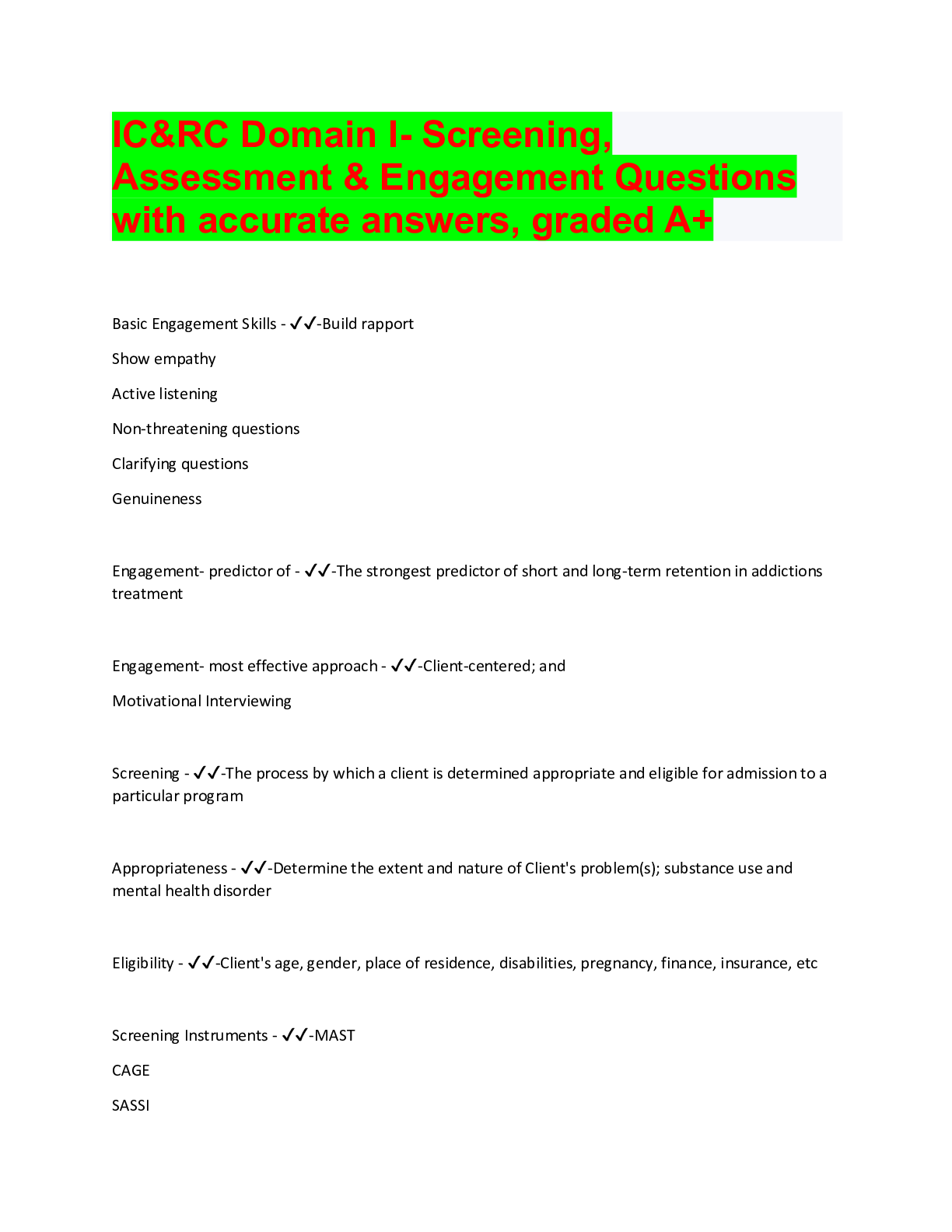 IC&RC Domain I- Screening, Assessment & Engagement Questions with ...