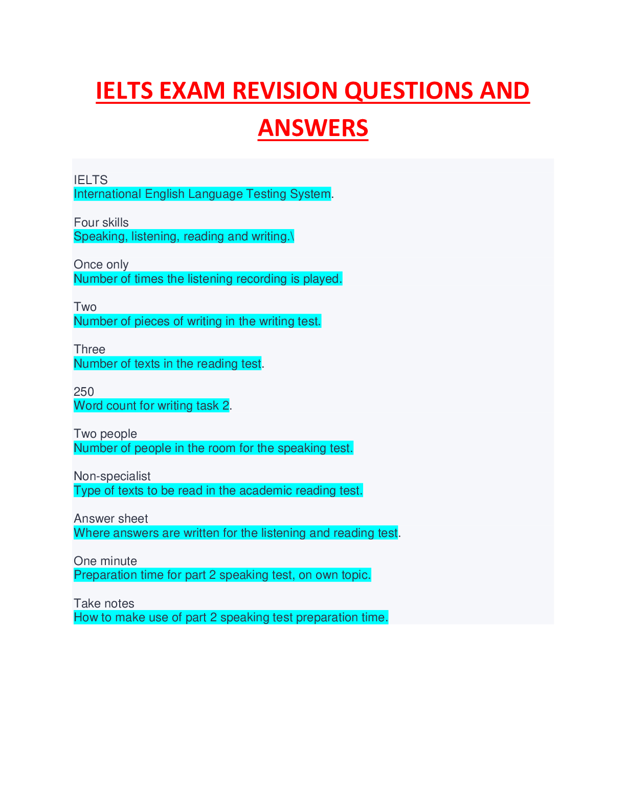 IELTS EXAM REVISION QUESTIONS AND ANSWERS - Scholarfriends