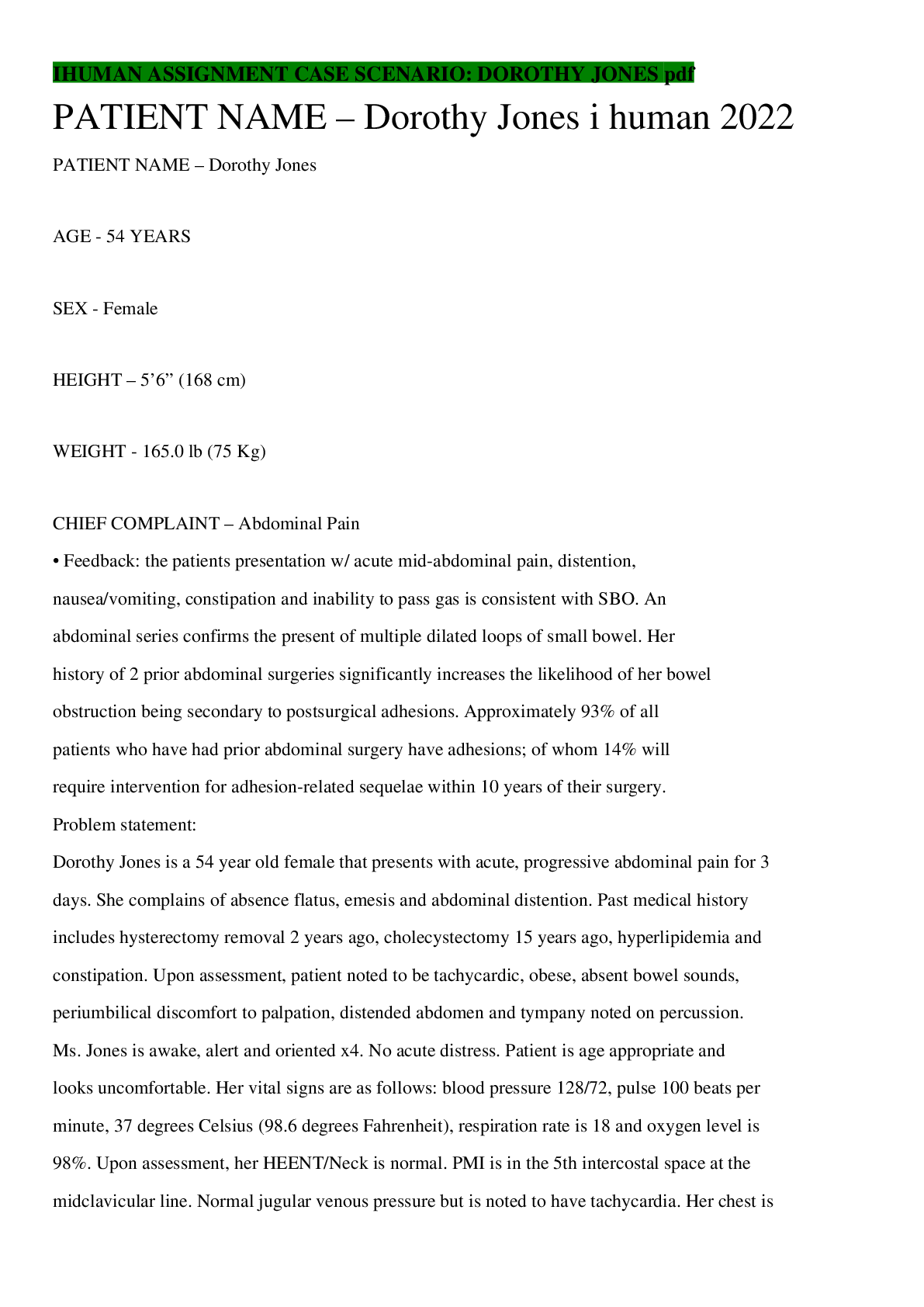 IHUMAN ASSIGNMENT CASE SCENARIO: DOROTHY JONES pdf – Scholarfriends ...