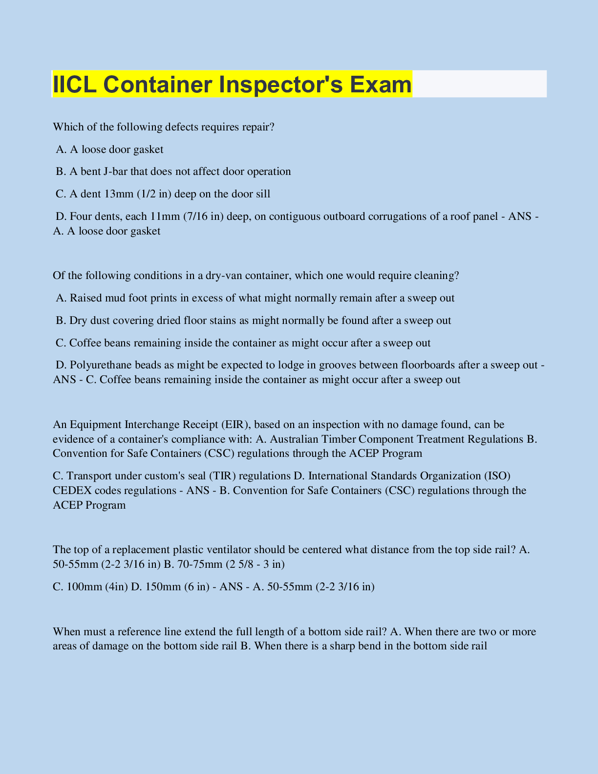 IICL Container Inspector's Exam | 220 Questions with 100% Correct ...