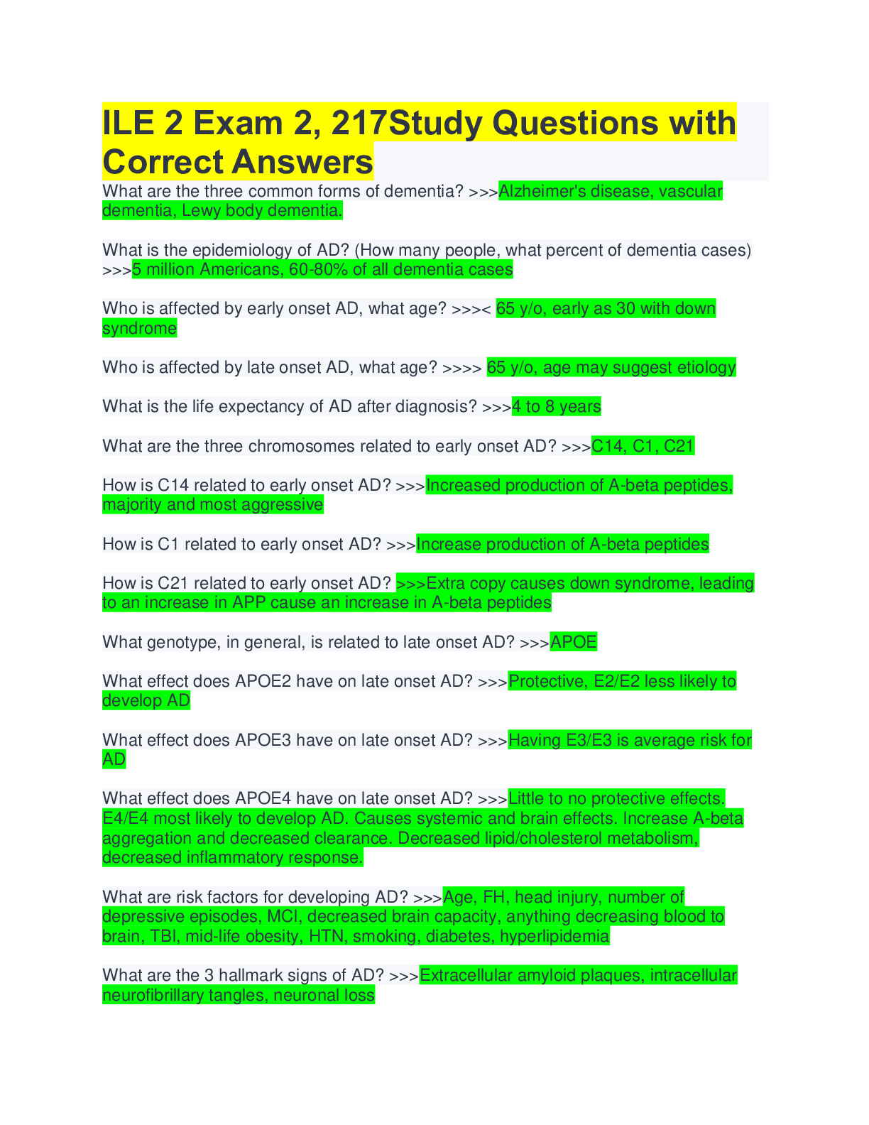 ILE 2 Exam 2, 217Study Questions with Correct Answers - Scholarfriends
