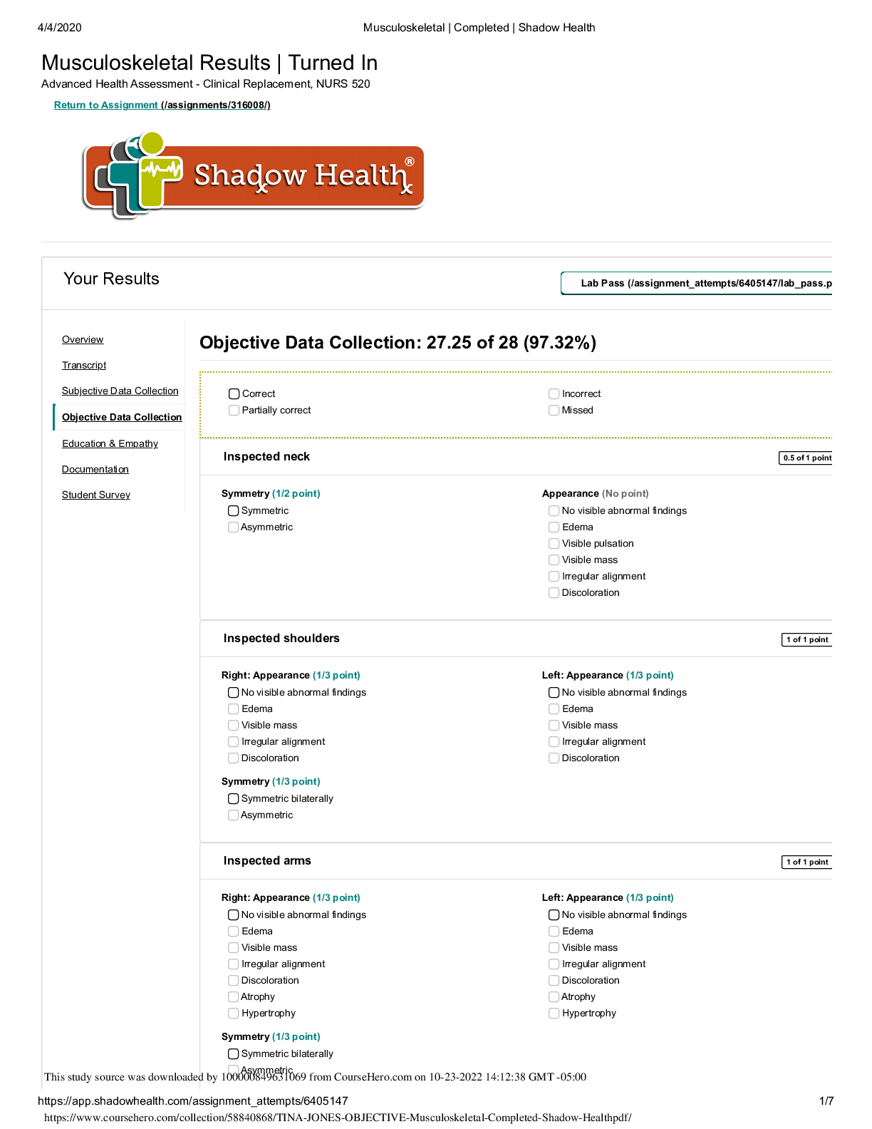 INA JONES OBJECTIVE Musculoskeletal _ Completed _ Shadow Health ...
