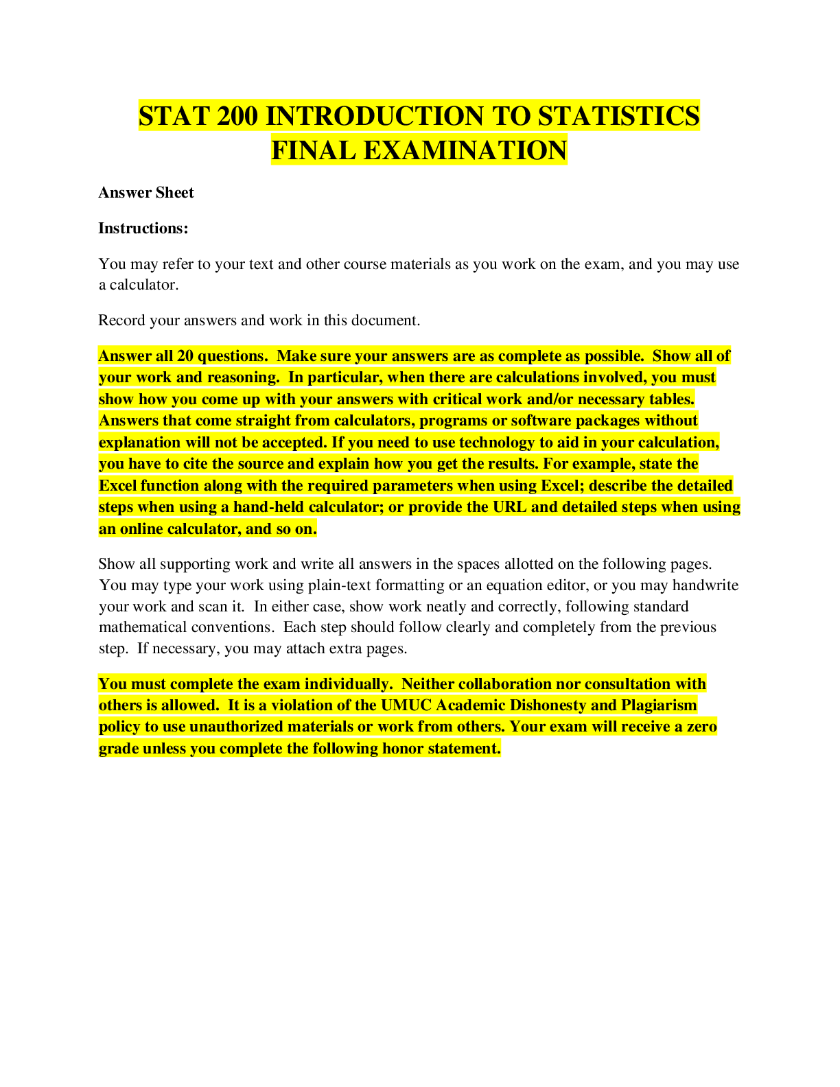 STAT 200: Introduction to Statistics Final Examination Answer sheet ...