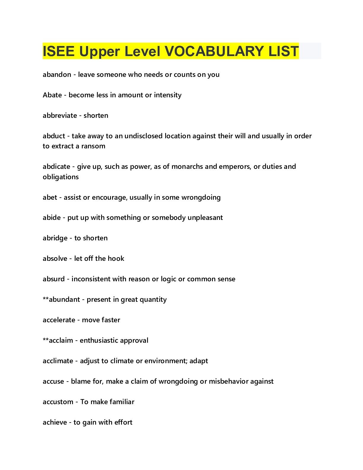 ISEE Upper Level VOCABULARY LIST Updated – Scholarfriends - Scholarfriends