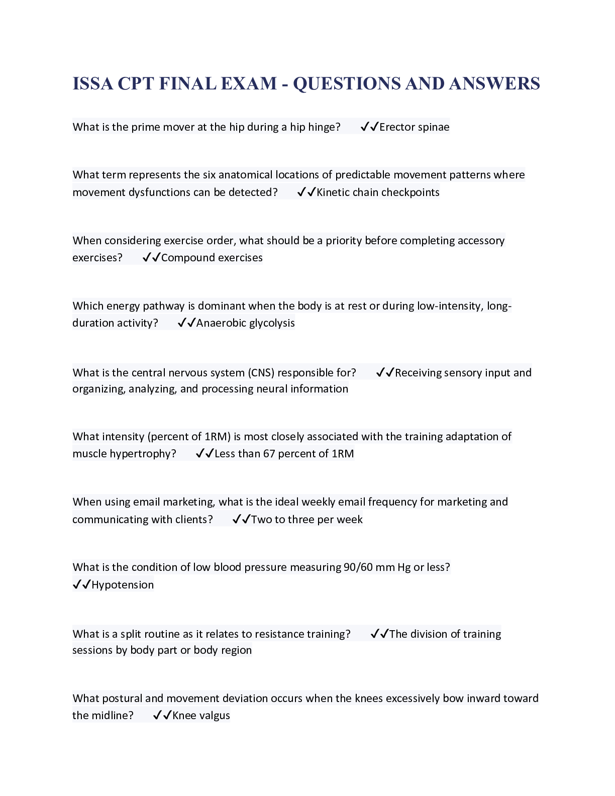 ISSA CPT FINAL EXAM - QUESTIONS AND ANSWERS - Scholarfriends