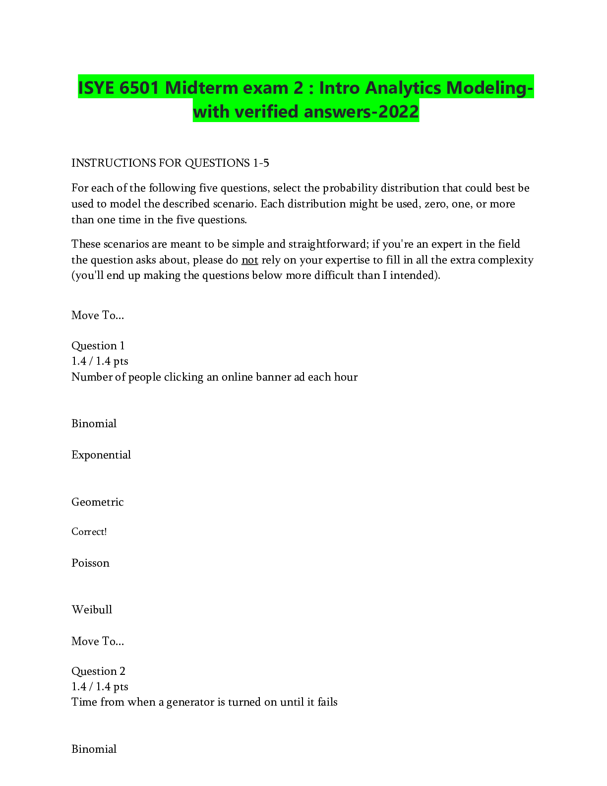 ISYE 6501 Midterm exam 2 : Intro Analytics Modeling-with verified ...