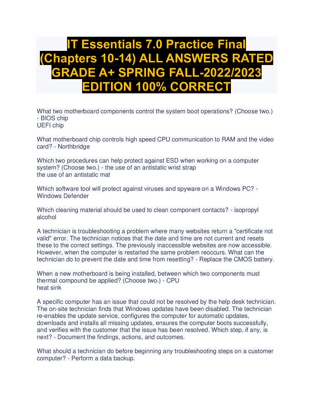 IT Essentials 7.0 Practice Final (Chapters 10-14) ALL ANSWERS RATED ...