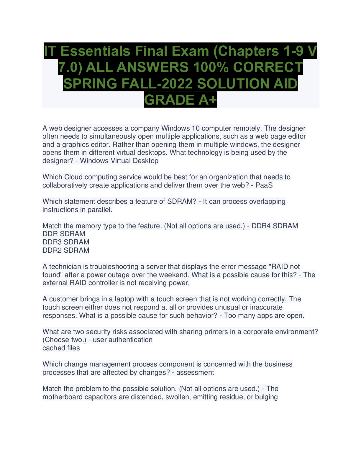 IT Essentials Final Exam (Chapters 1-9 V 7.0) ALL ANSWERS 100% CORRECT ...