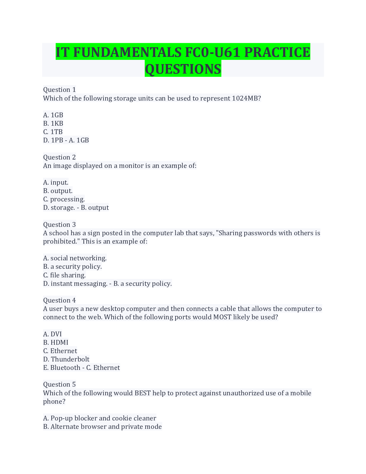 IT FUNDAMENTALS FC0-U61 PRACTICE QUESTIONS AND ANSWERS/ DOWNLOAD ...