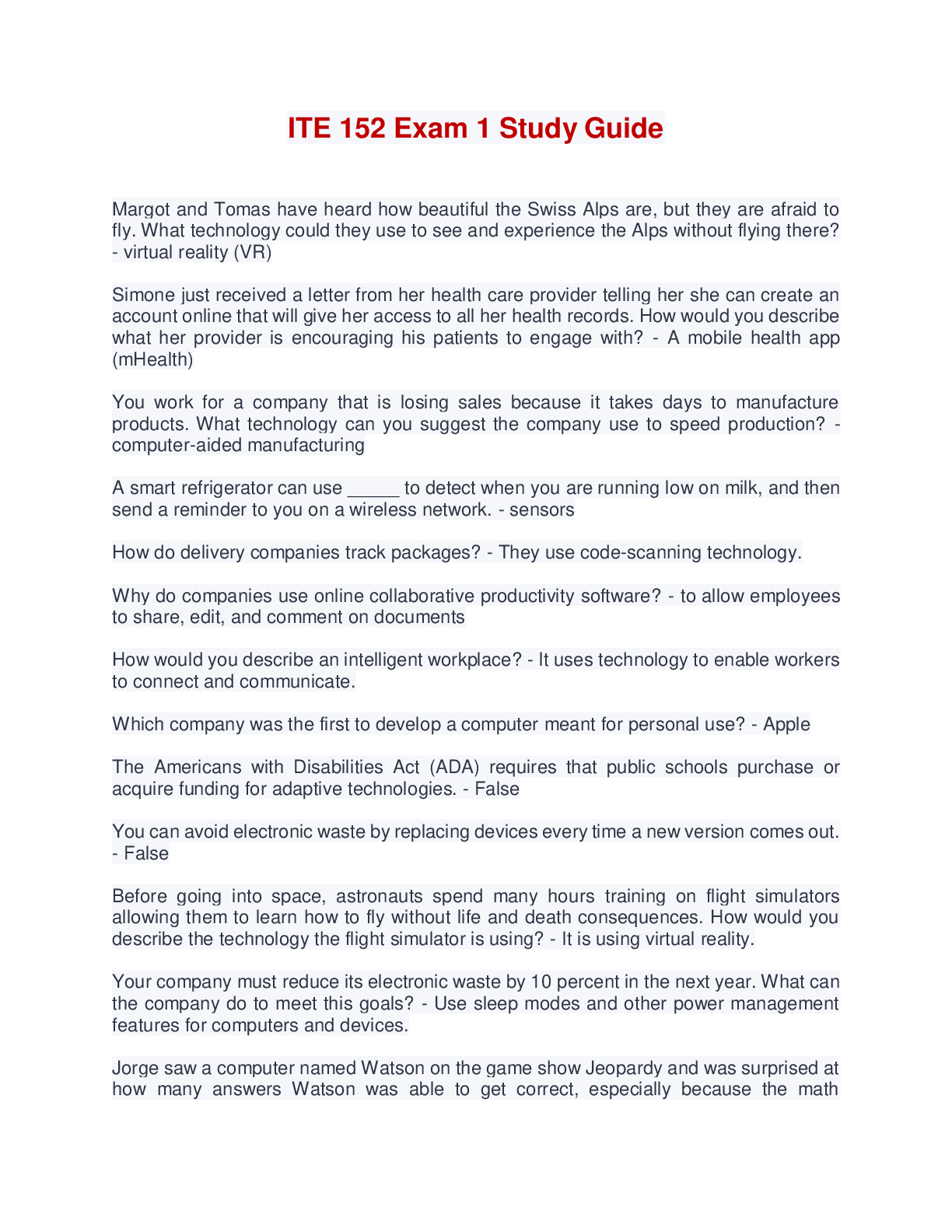 ITE 152 Exam 1 Study Guide - Scholarfriends