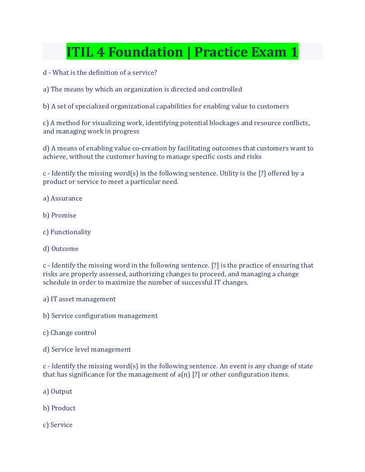 ITIL 4 Foundation | Practice Exam 1 Questions And Answers - Scholarfriends