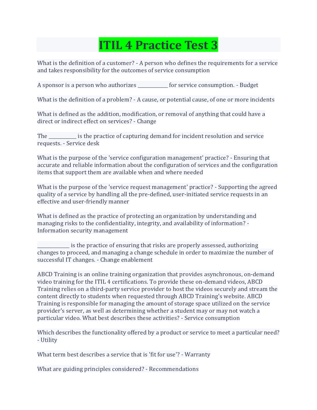 ITIL 4 Practice Test 3 Questions And Answers Latest Update - Scholarfriends