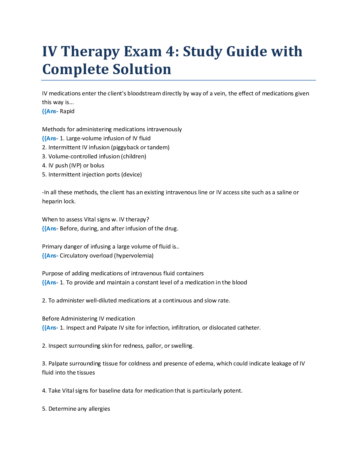 IV Therapy Exam 4: Study Guide with Complete Solution - Scholarfriends