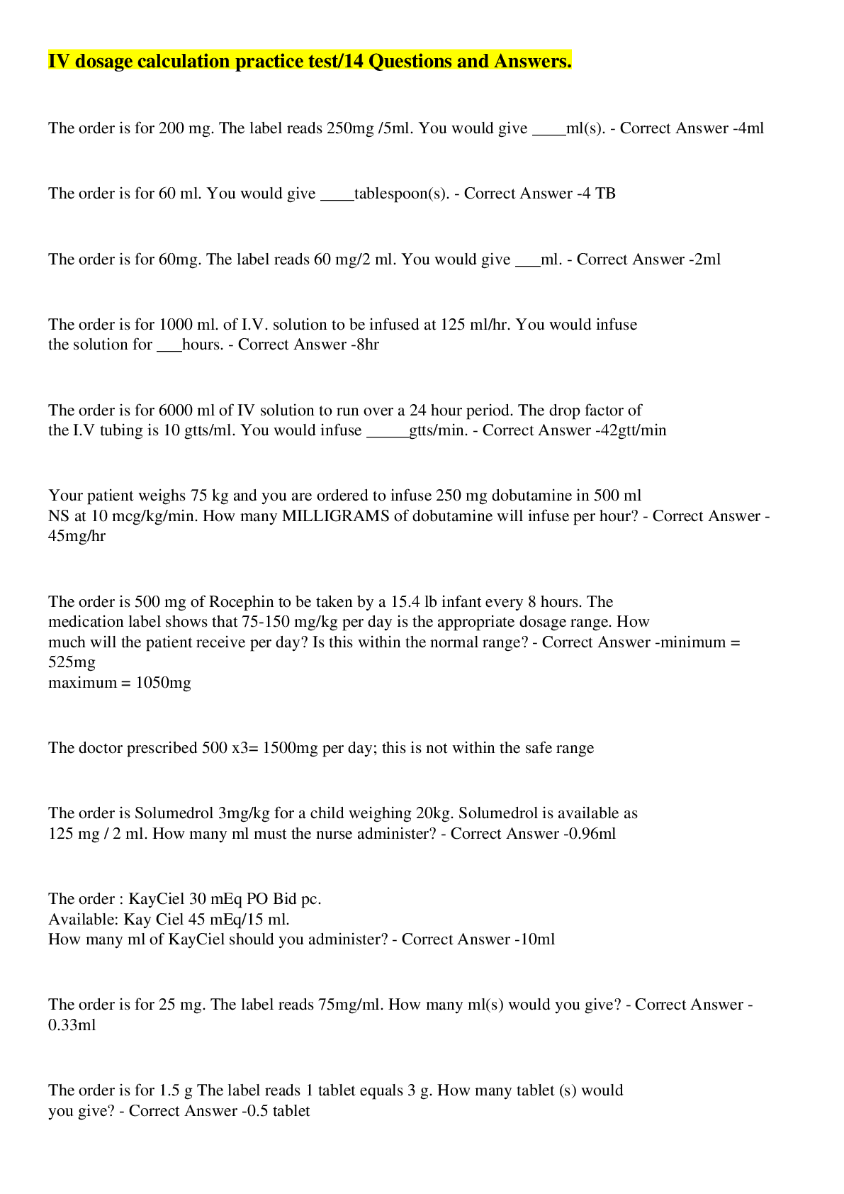 IV dosage calculation practice test/14 Questions and Answers ...