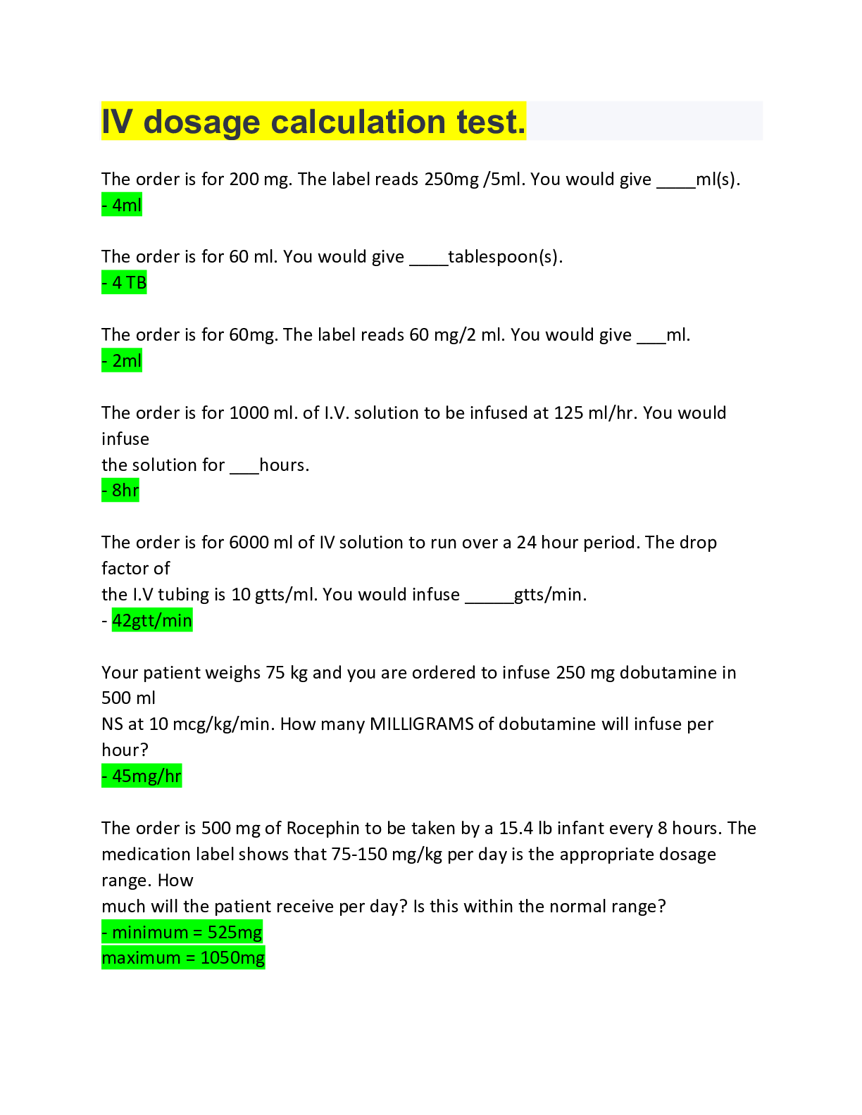 IV dosage calculation test Complete questions & answers 2022 ...