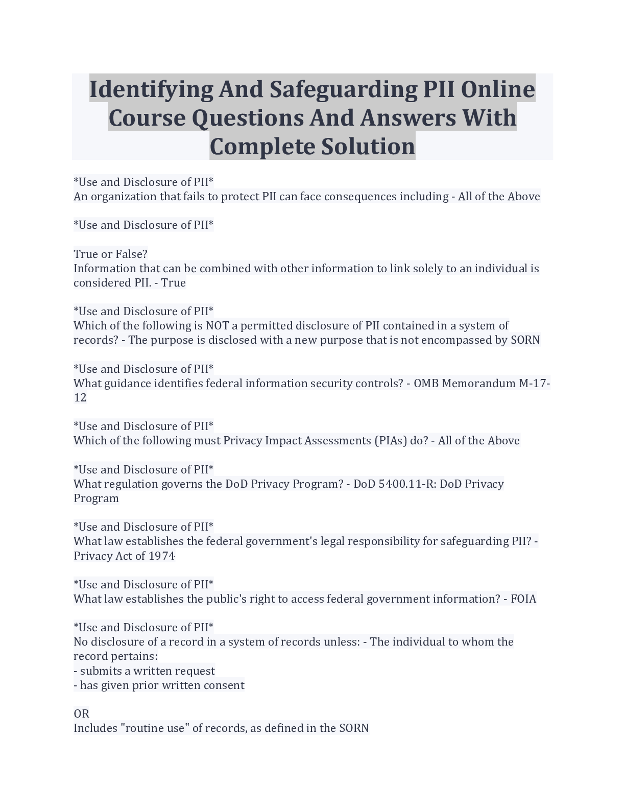 Identifying And Safeguarding PII Online Course Questions And Answers ...