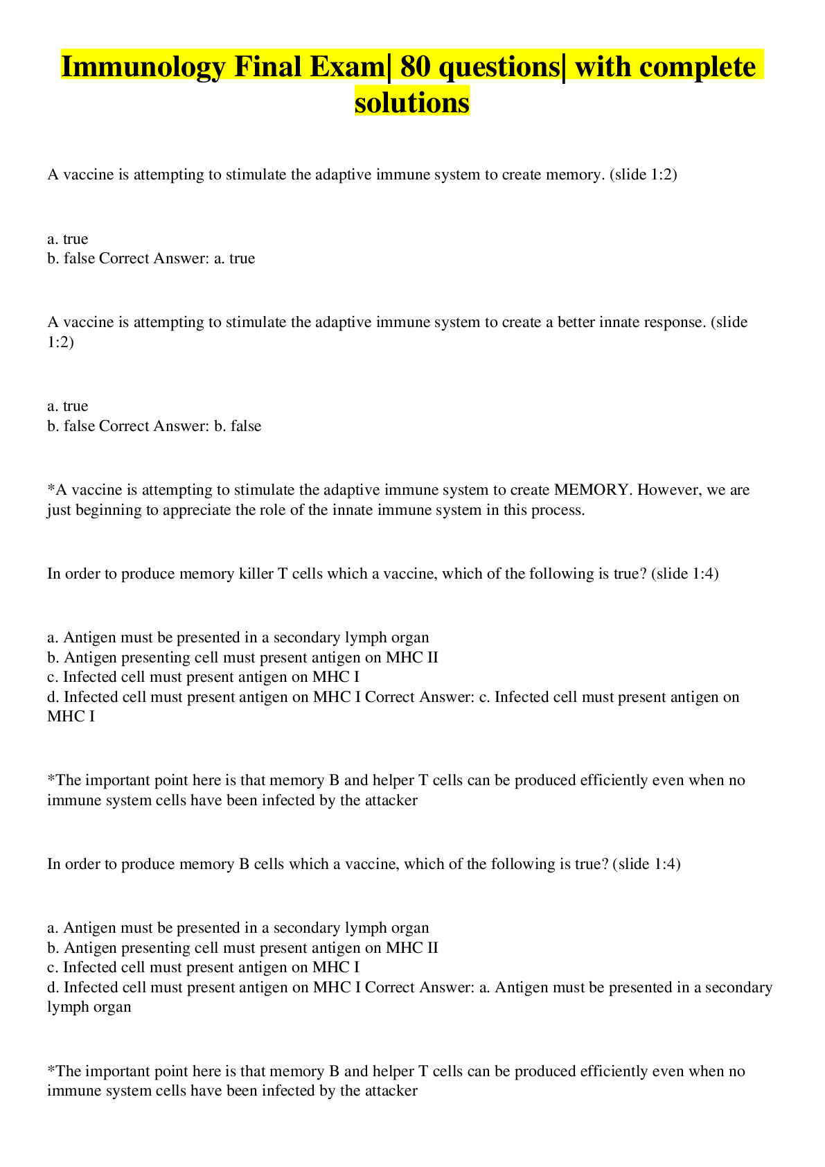 Immunology Final Exam| 80 questions| with complete solutions ...