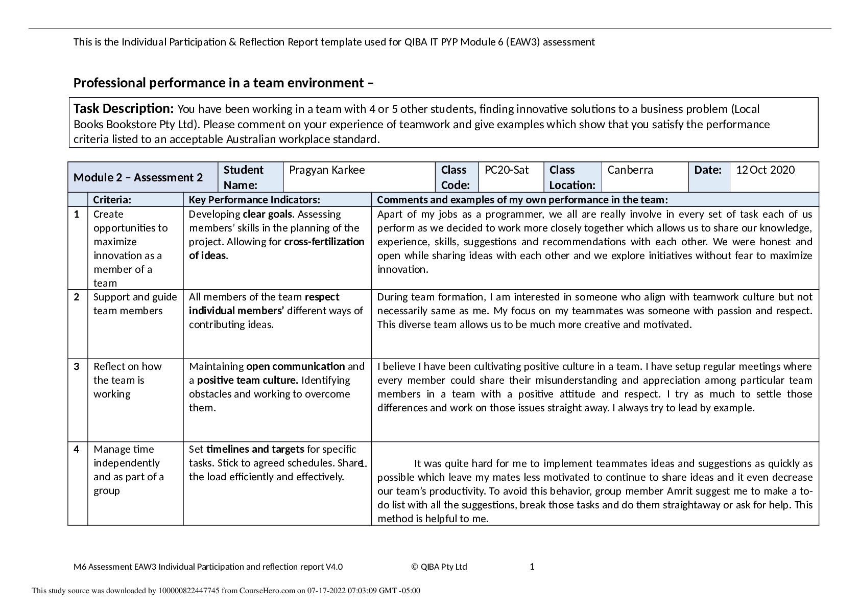 Individual Participation & Reflection Report template - Scholarfriends