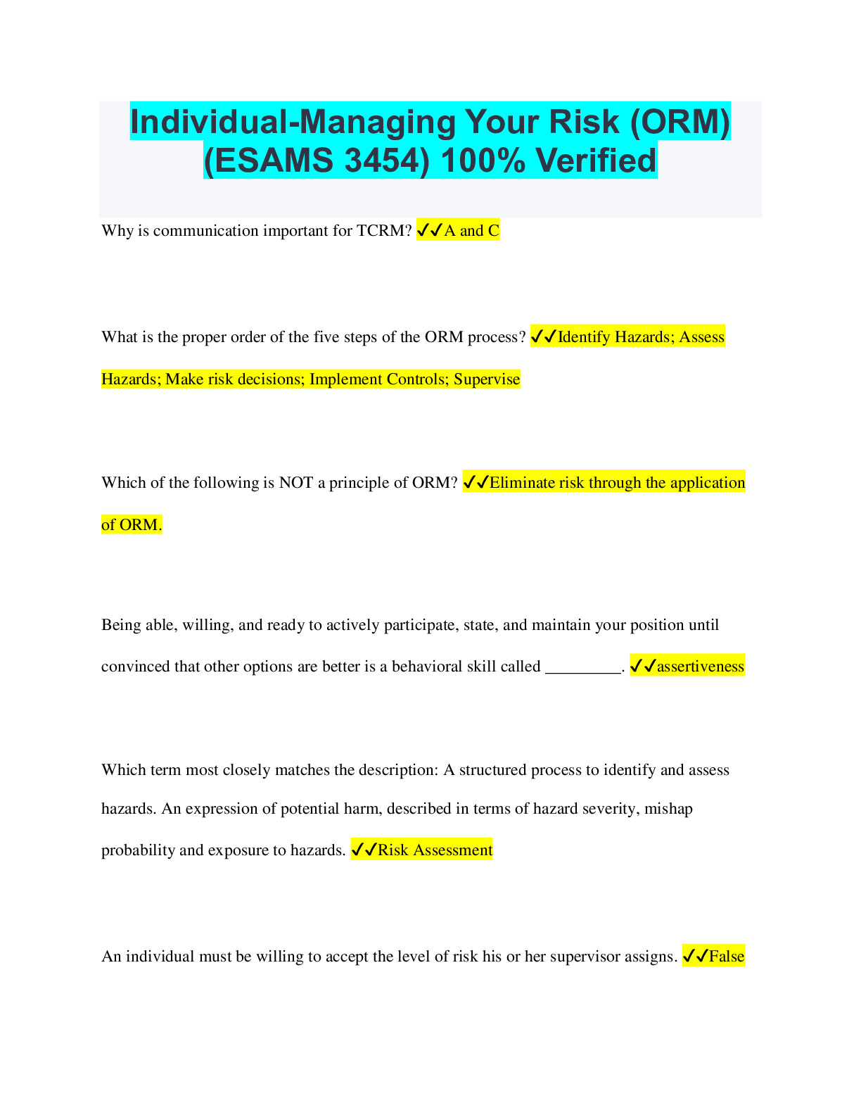 Individual-Managing Your Risk (ORM) (ESAMS 3454) 100% Verified ...